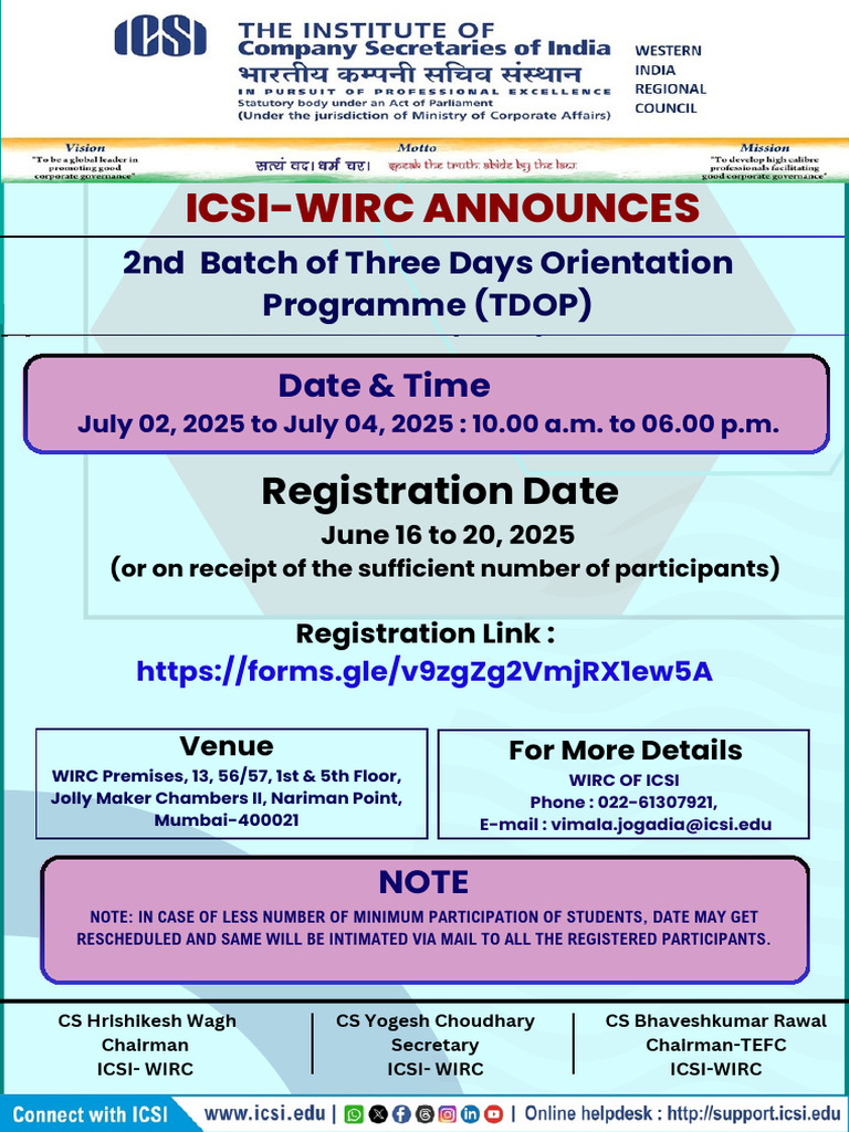 Icsi-Wirc 2nd Batch of 3 Days of Orientation Programme Tdop July 02 2025 To July 04 2025 | PDF