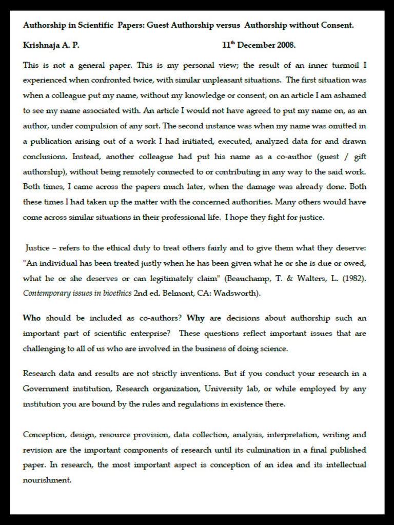 Authorship in Scientific Papers. Dr. Krishnaja A. P. 11th December 2008 ...
