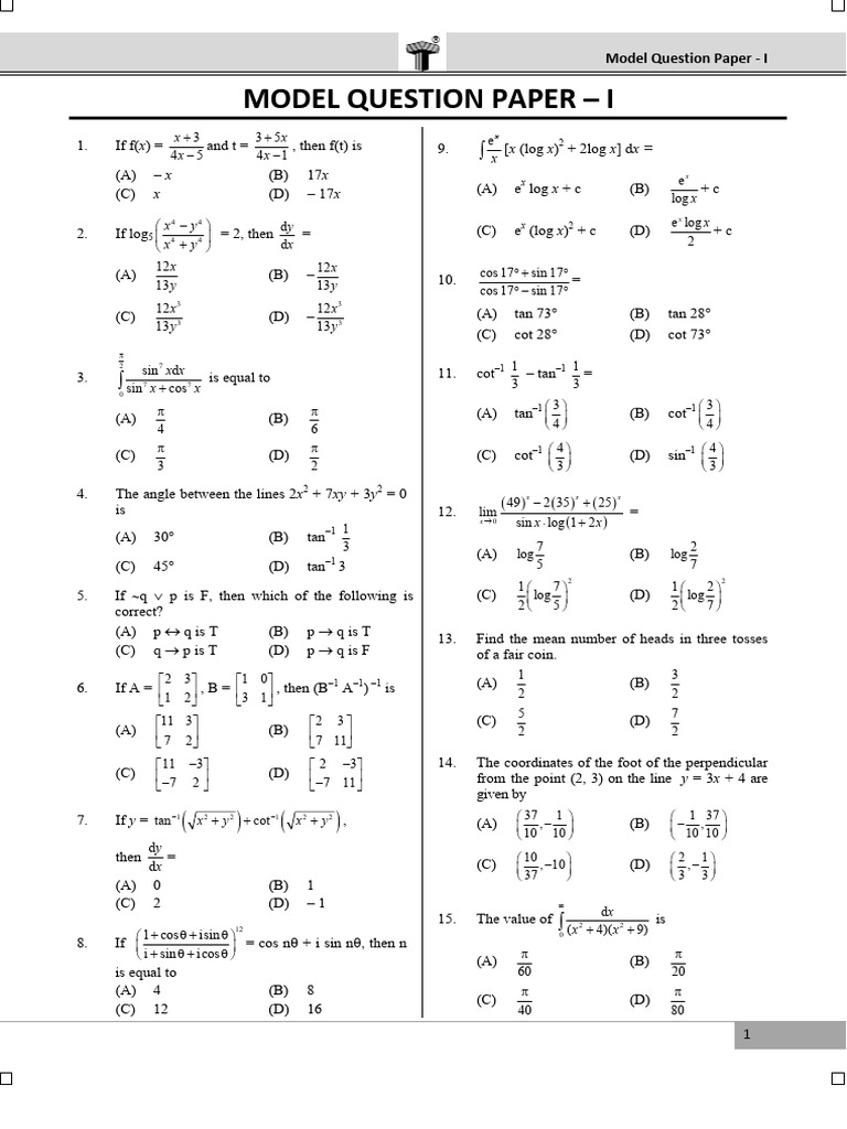 Model Question Paper I (F) 1657113717 | PDF | Geometry | Elementary ...