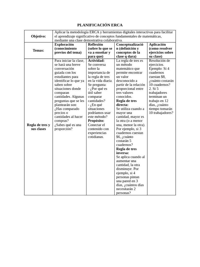 Planificación Erca | PDF | Aprendizaje | Matemáticas