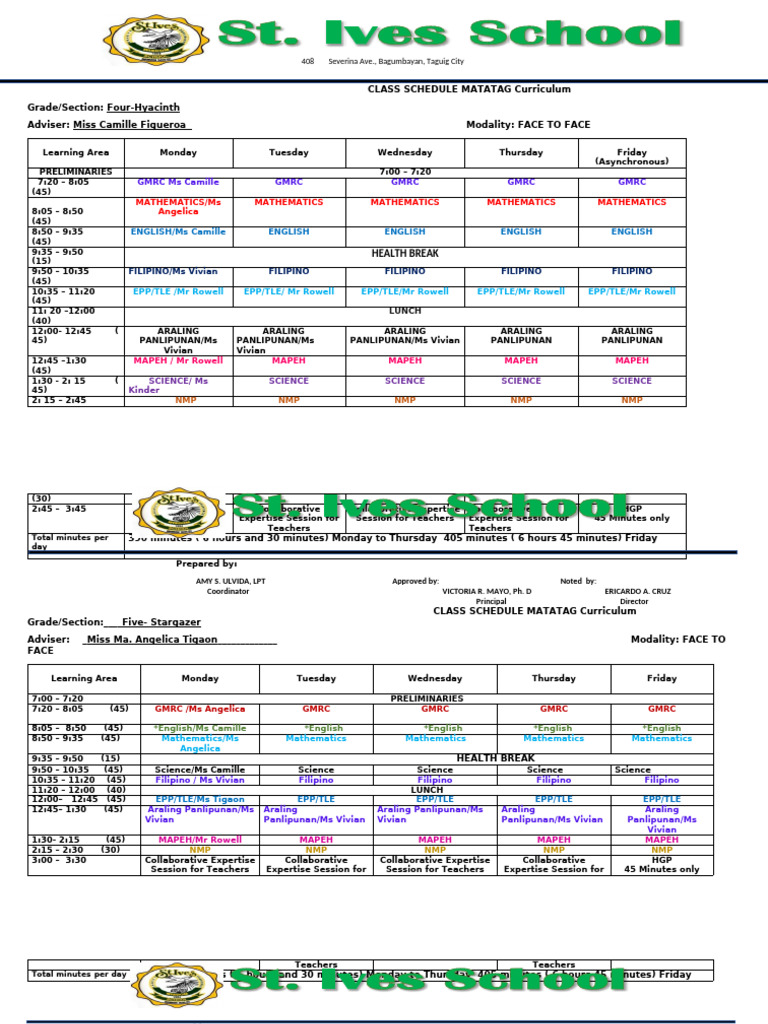 Class Schedule for MATATAG Curriculum | PDF