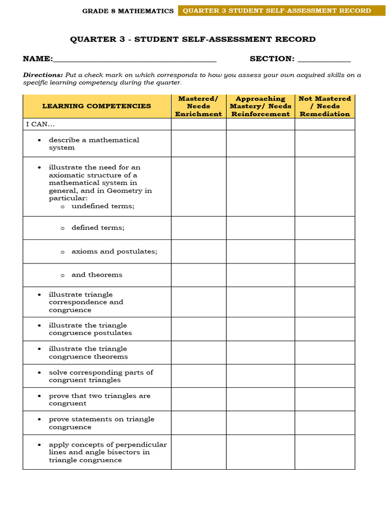 q3 Student Self Assessment | PDF