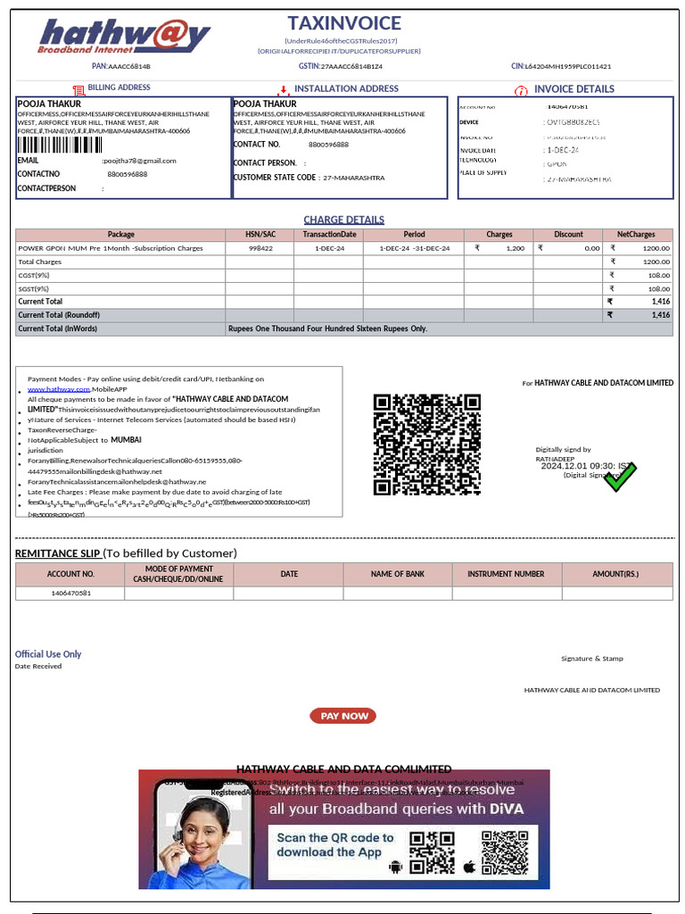 Hathway Internet Service Invoice | PDF | Payments | Cheque