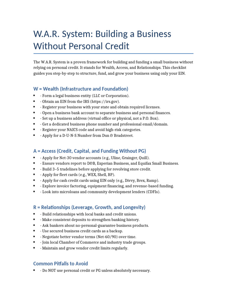 WAR System Business Credit Checklist | PDF