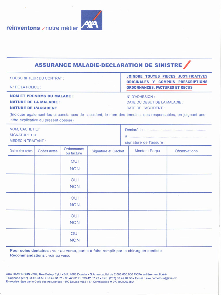 Déclaration de Sinistre AXA Maladie | PDF | Dentiste | Assurance