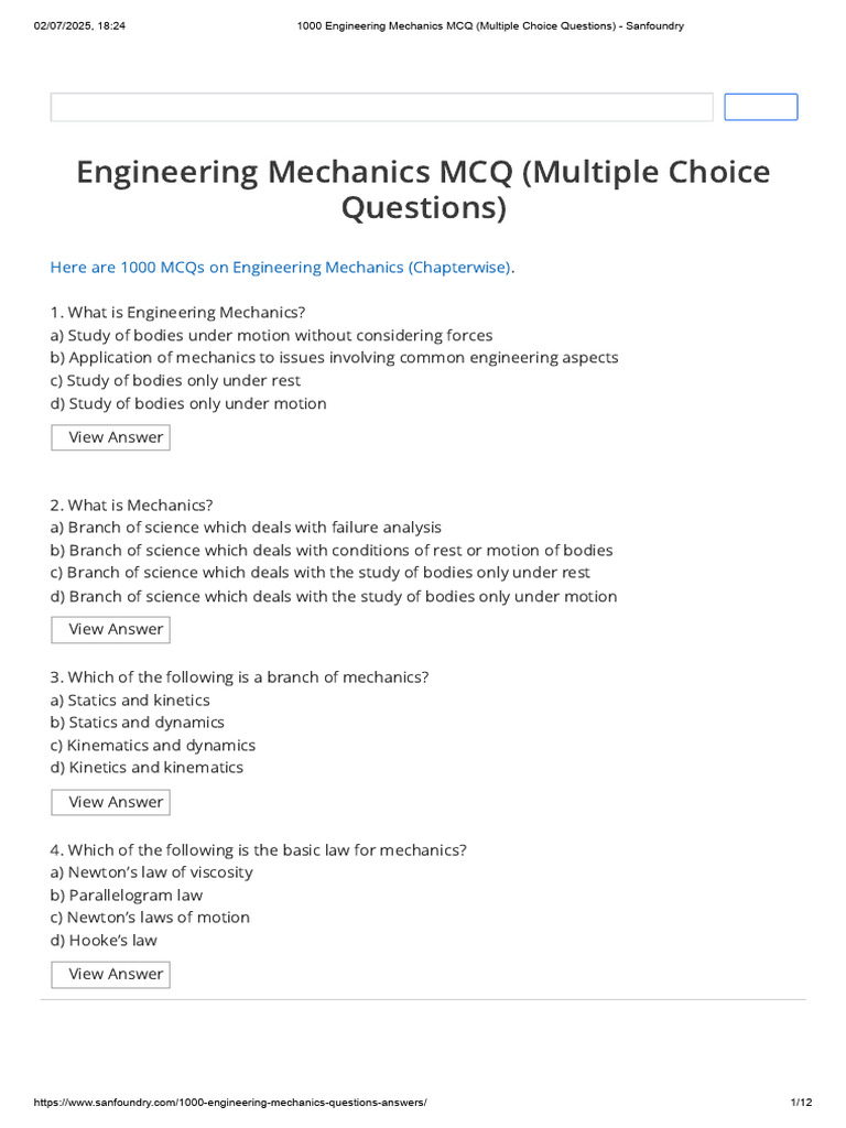 1000 Engineering Mechanics MCQ (Multiple Choice Questions) - Sanfoundry | PDF | Force | Friction