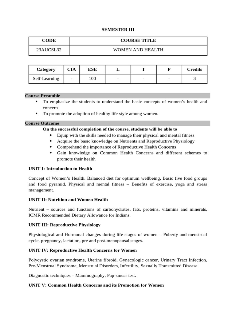 Self Learning Course For All II UG Students - Women and Health Syllabus ...