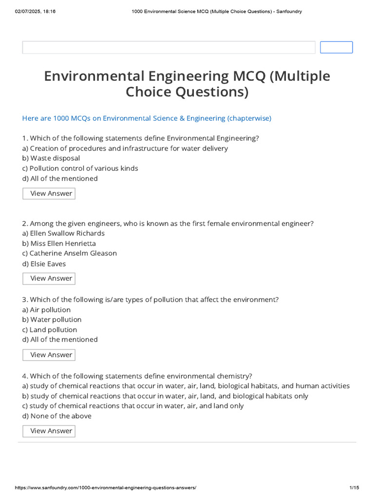 1000 Environmental Science MCQ (Multiple Choice Questions) - Sanfoundry | PDF | Water | Sewage