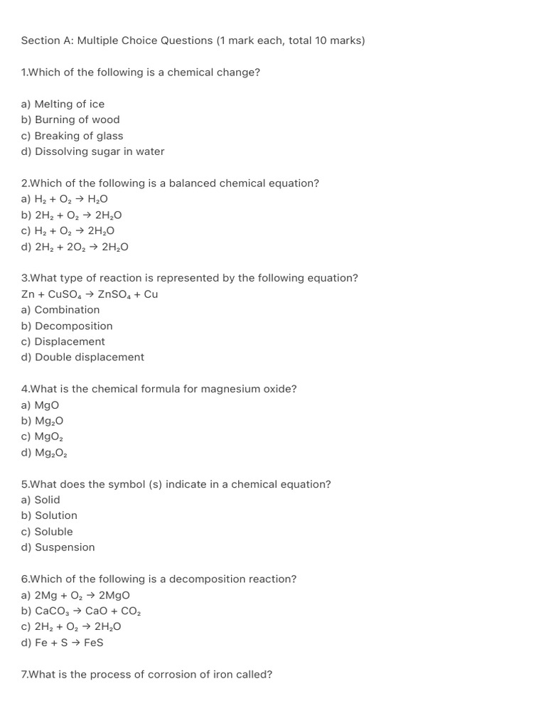 Class 10 Chemistry Reaction Types Test | PDF