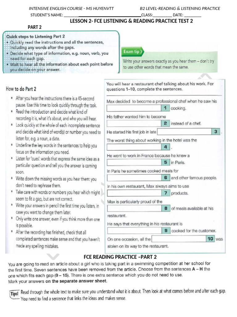 b2 Level - Lesson 2 - Fce Listening-Reading Practice Test 2 - For ...