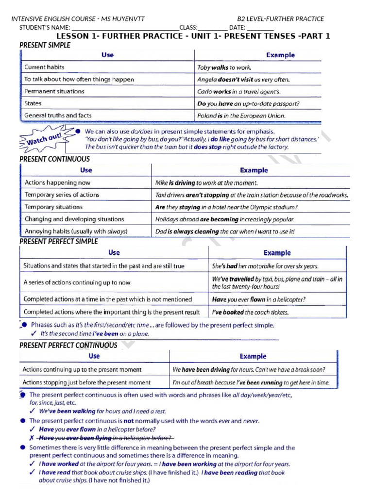 b2 Level - Lesson 1 - Unit 1-Present Tenses - Part 1-Key | PDF