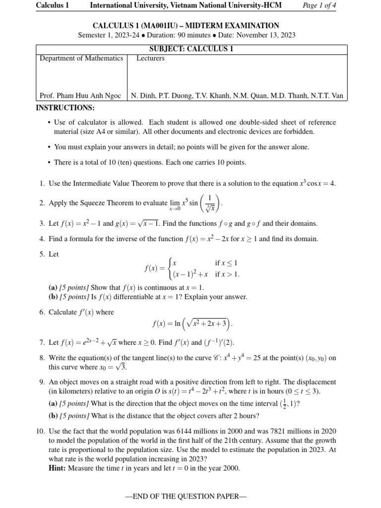 Cal1 Midterm S1 2023 24 With Answer v1 | PDF | Mathematical Analysis | Mathematics