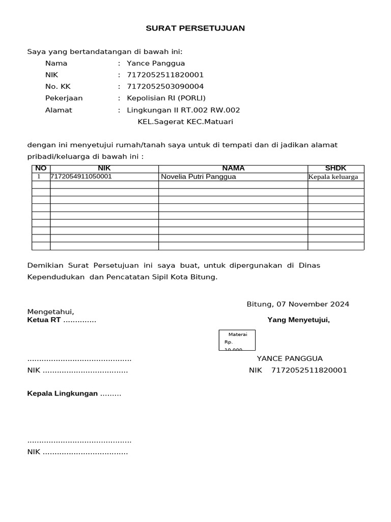 Surat Persetujuan Tempat Tinggal Yance Panggua | PDF