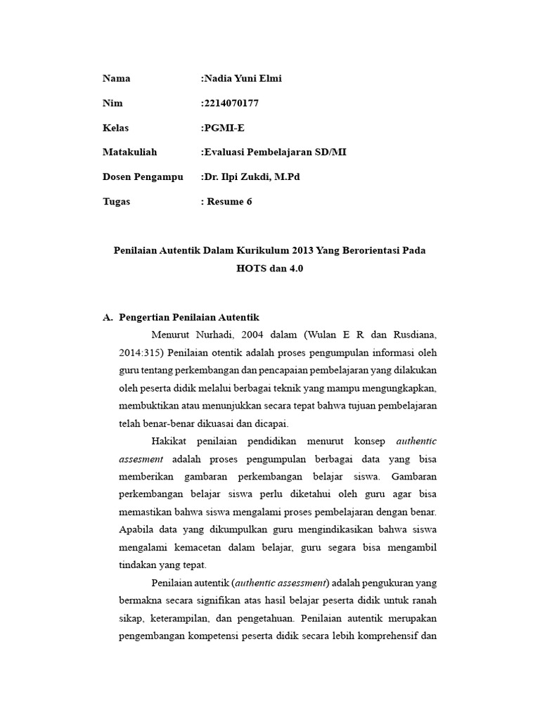 Penilaian Autentik dalam Kurikulum 2013 | PDF