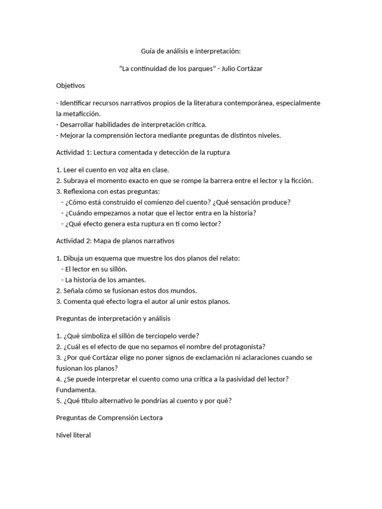Guía La Continuidad de Los Parques Cortázar | PDF | Cuentos ...