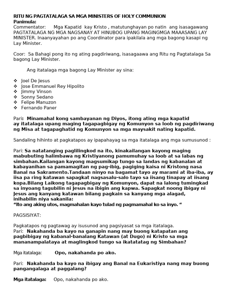 Ritu NG Pagtatalaga Sa Mga Ministers of Holy Communion | PDF
