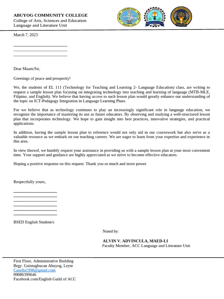 Request Letter For School Teachers Sample Lesson Plan | PDF