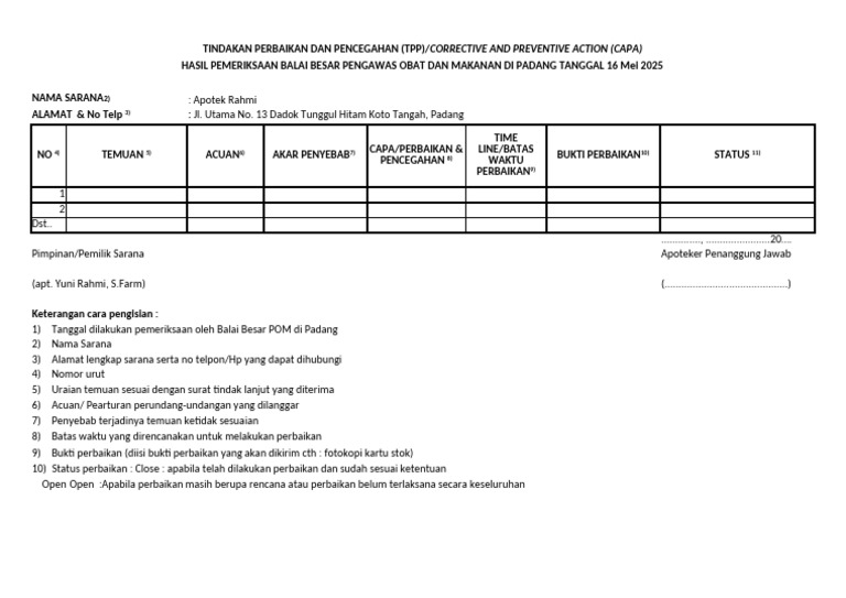 Form TINDAKAN PERBAIKAN DAN PENCEGAHAN New | PDF