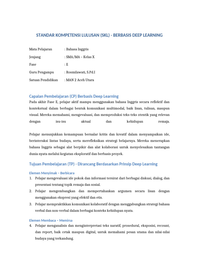 SKL Bahasa Inggris Deep Learning MAN2AcehUtara | PDF