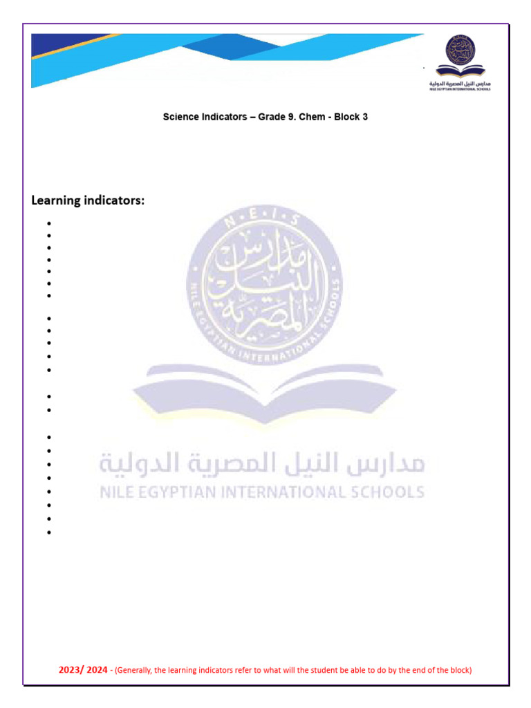 Science Indicators - Grade 9.chem - Block 3 | PDF
