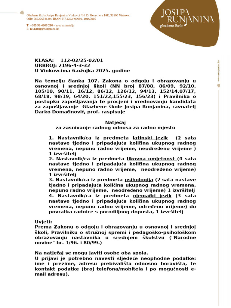 2025 03 05 - Natjecaj Za Zasnivanje Radnog Odnosa Na Radna Mjesta ...