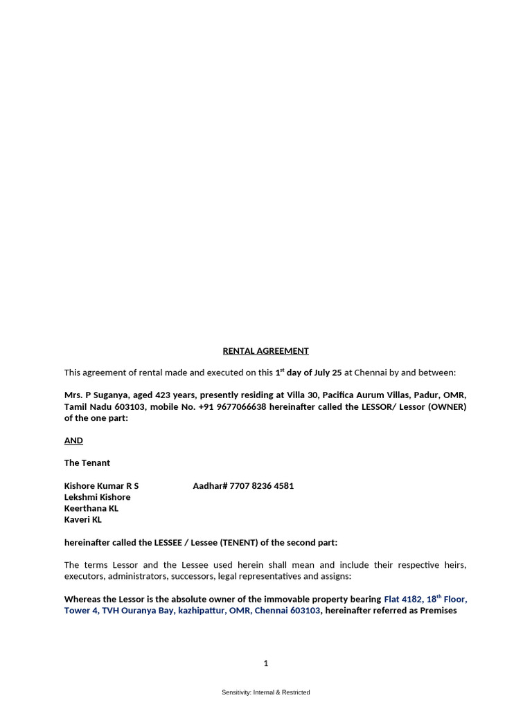Rental Agreement Kishore Kumar R S V1.0 | PDF | Lease | Property Law