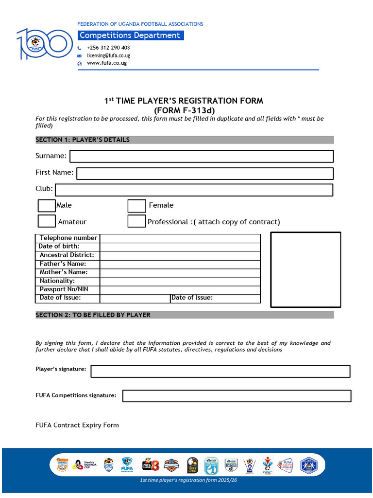 FUFA 1st Time Player Registration Form Form (F-313) | PDF