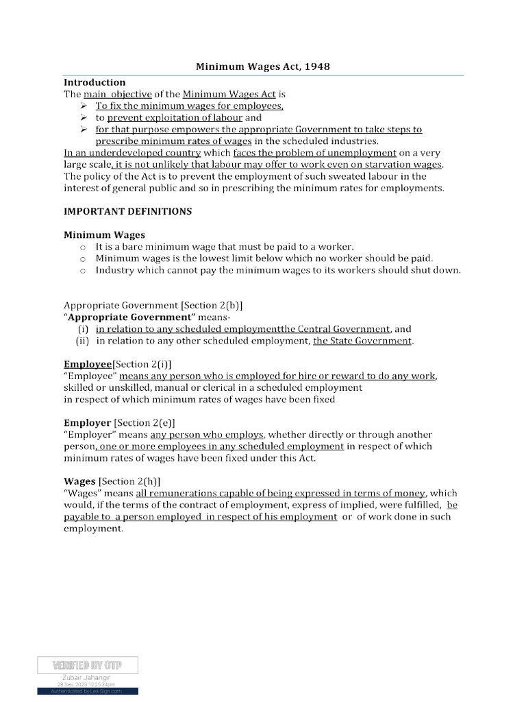 Lesson 18 Minimum Wages Act, 1948 | PDF