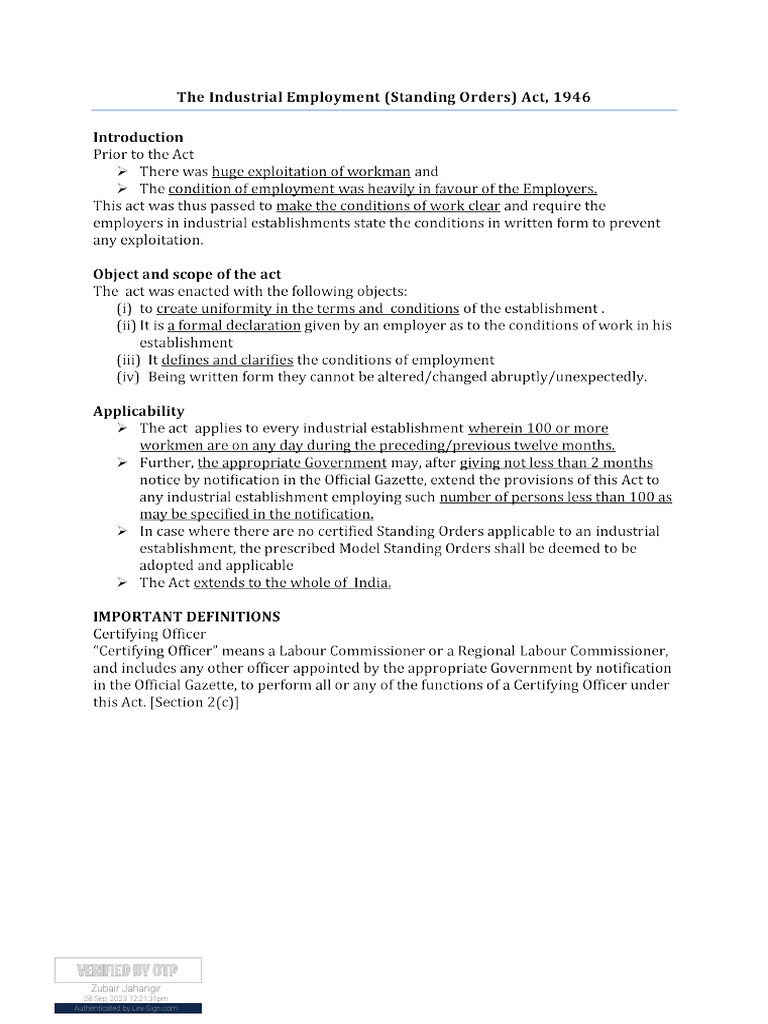 Lesson 17 The Industrial Employment (Standing Orders) Act, 1946 | PDF