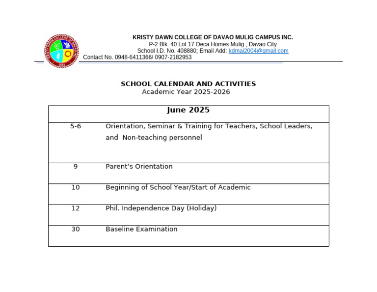 School Calendar and Activities For The Month of June | PDF
