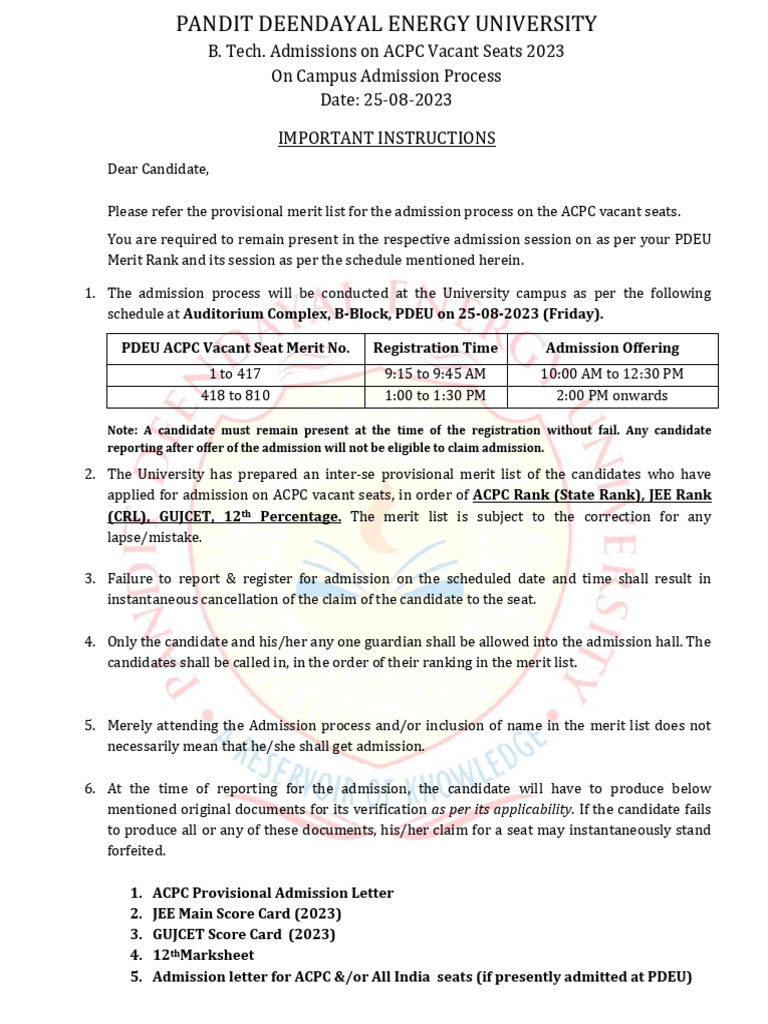 ACPC Vacant Seats Important Instructions 2023 22-8-2023 - Website | PDF | Qualifications ...