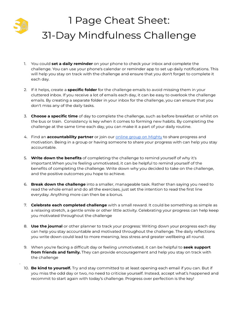 1 Page Cheat Sheet: 31-Day Mindfulness Challenge: Set A Daily Reminder ...