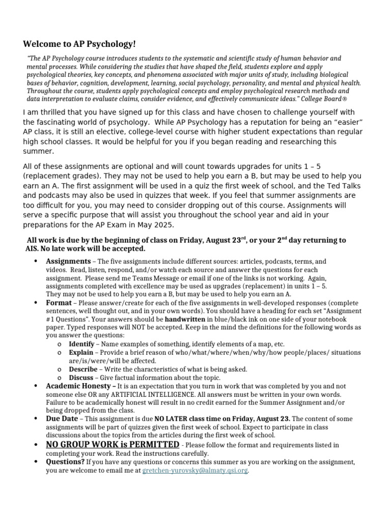AP Psych Summer Assignments 2025 | PDF | Psychology | Cognition
