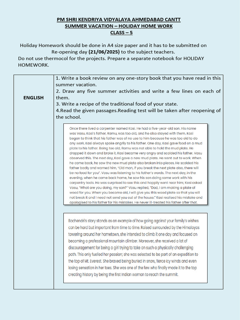 Class 5 - Holiday Homework - 25-26 | PDF