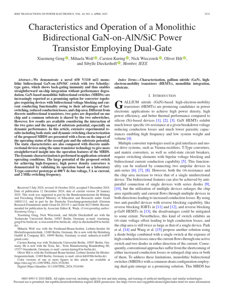 Characteristics and Operation of A Monolithic Bidirectional GaN-On-AlN ...