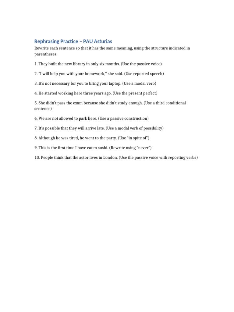 Rephrasing Practice PAU Asturias | PDF
