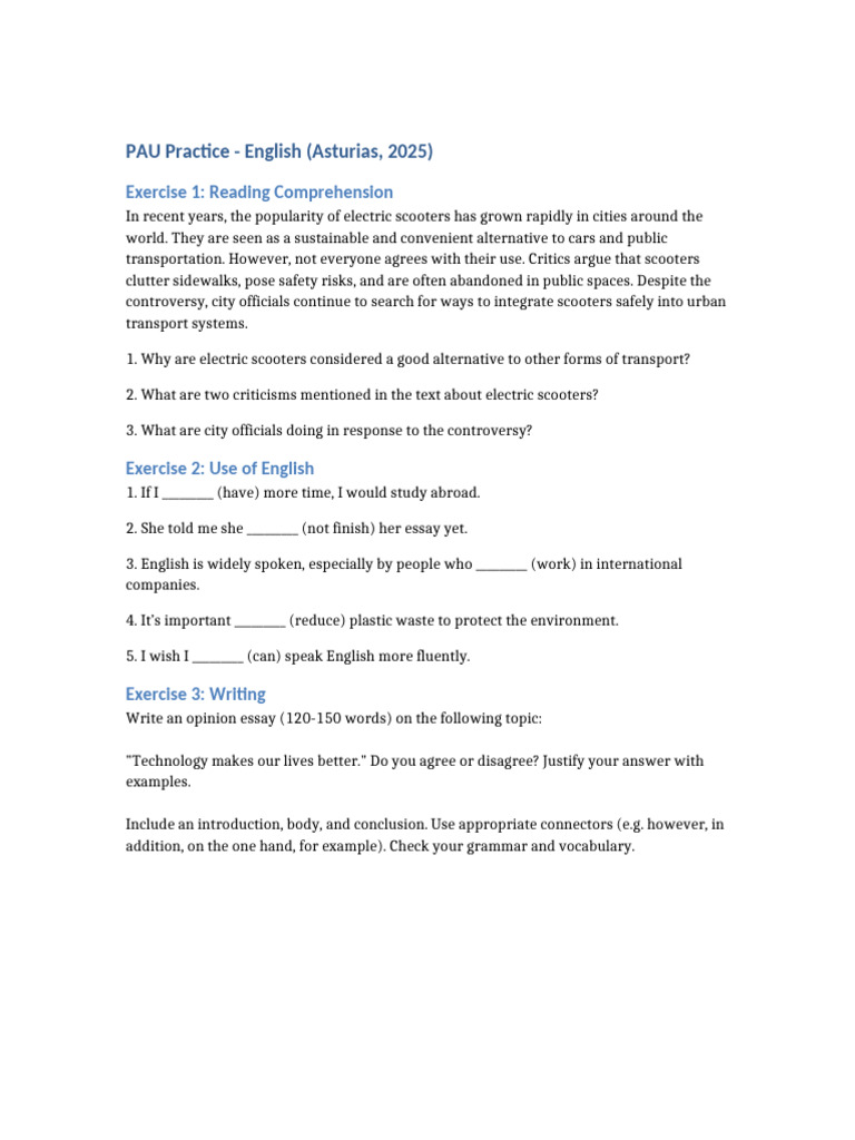 PAU English Practice Asturias No Answers | PDF