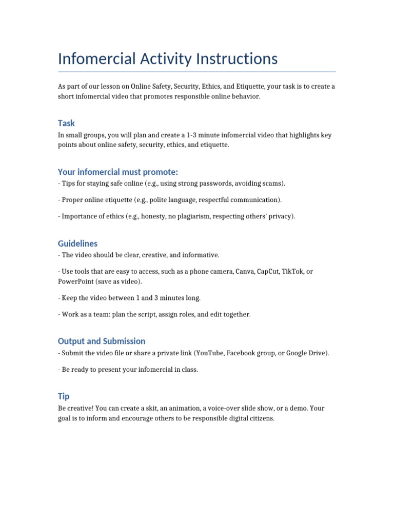 Infomercial Activity Instructions | PDF