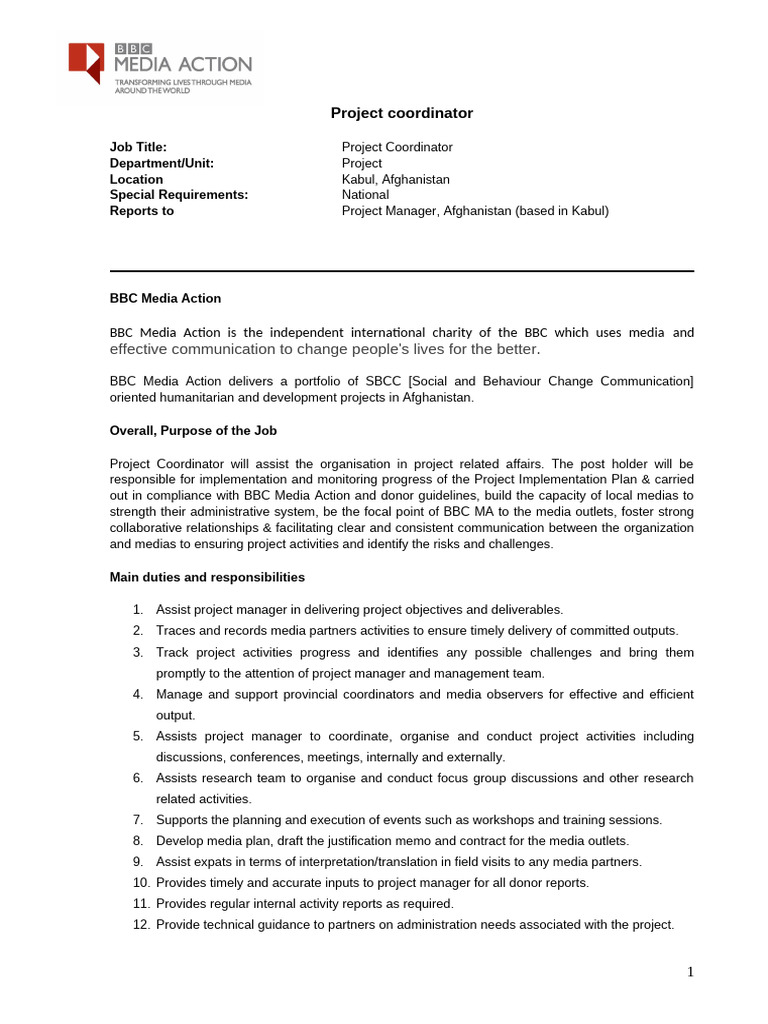 JD-Project Coordinator Updated 191023 FINAL | PDF | Psychological ...