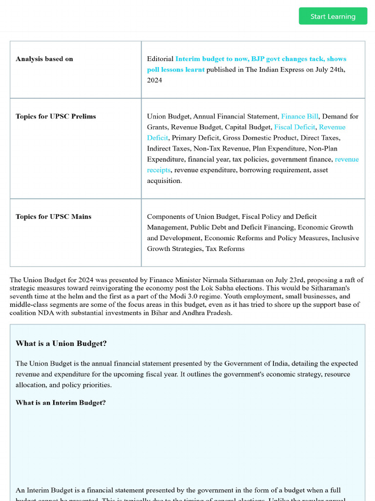 Union Budget 2024-25 - Key Targets & Highlights - UPSC Editorials | PDF