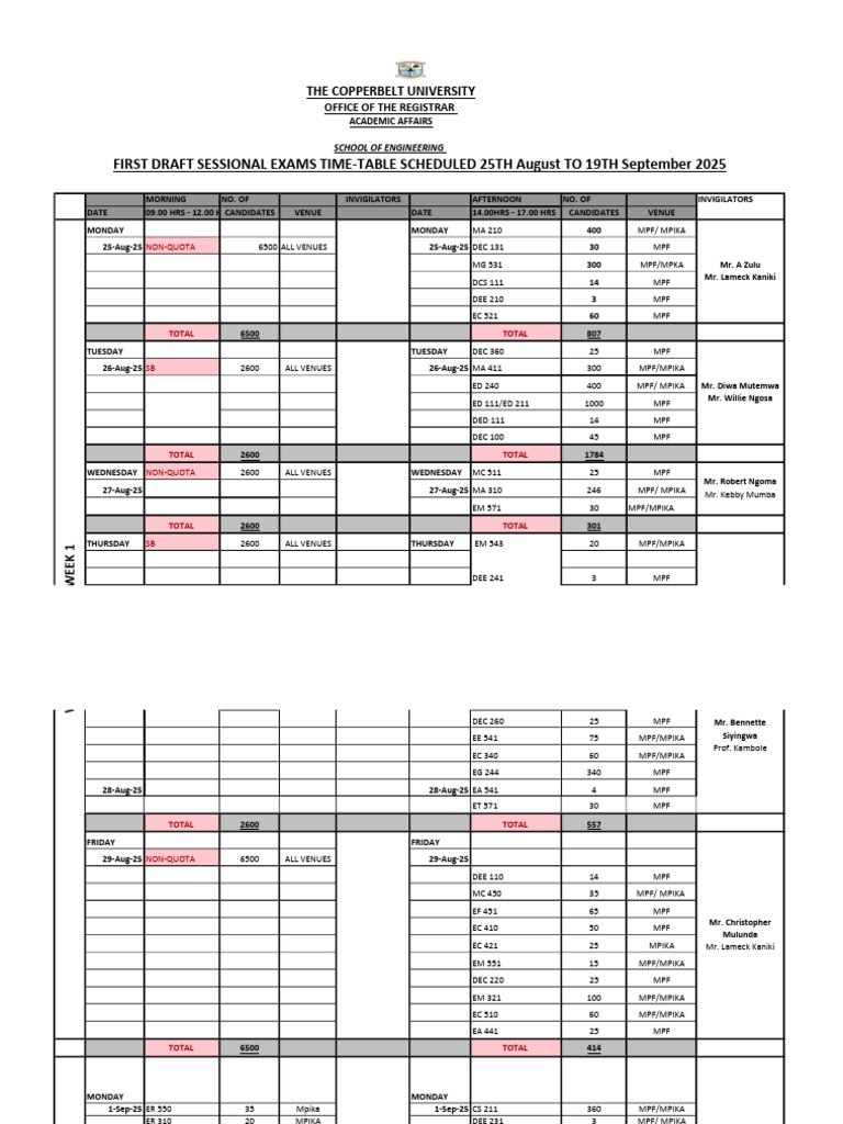 Se - First Draft Sessional Exam Timetable - 2025 | PDF