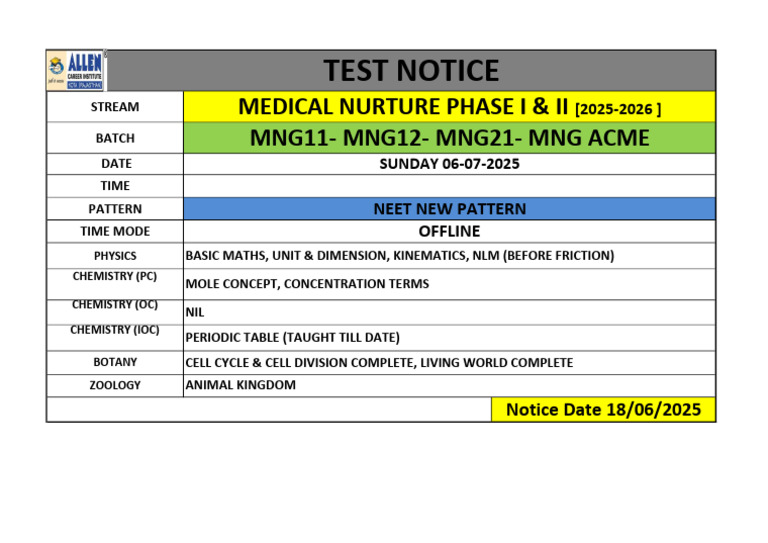 Test Notice: Medical Nurture Phase I & Ii Mng11-Mng12 - Mng21 - MNG ...