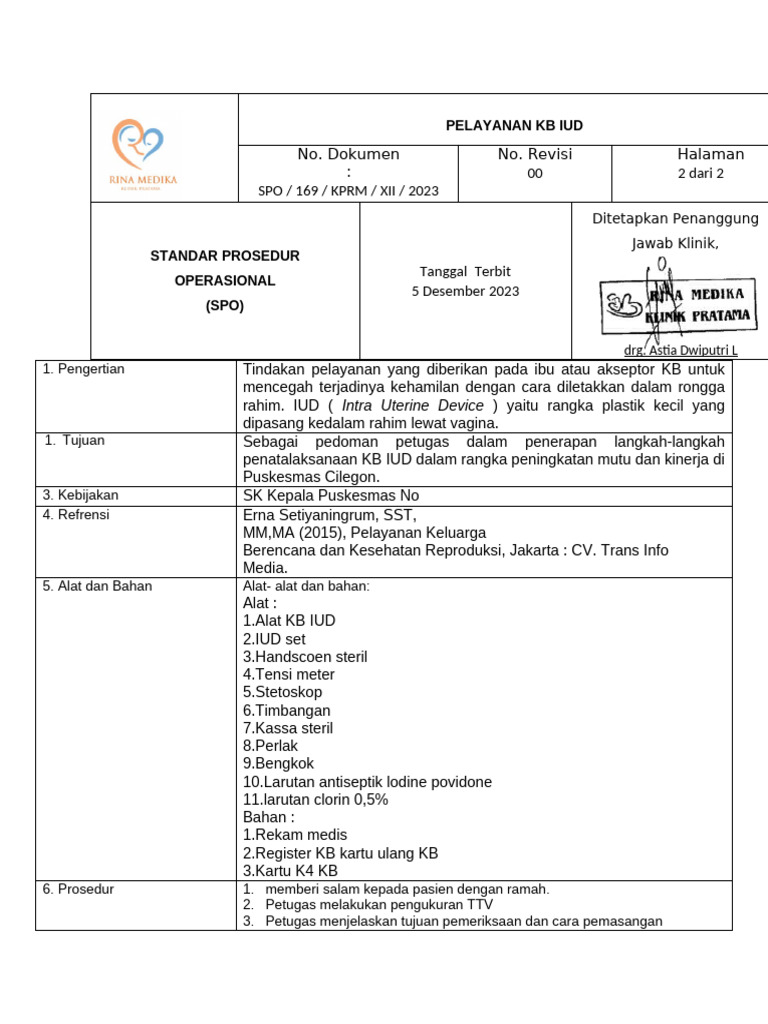Spo Pelayanan Kb Iud (1) | PDF