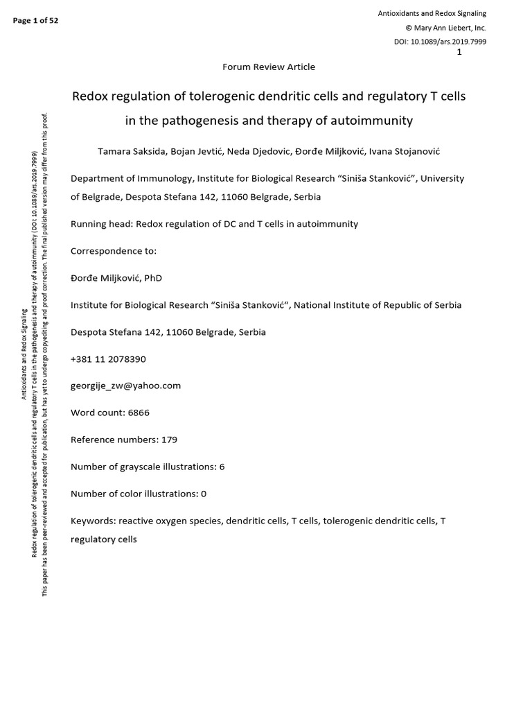 Redox Regulation of Tolerogenic Dendritic Cells and Regulatory T Cells ...