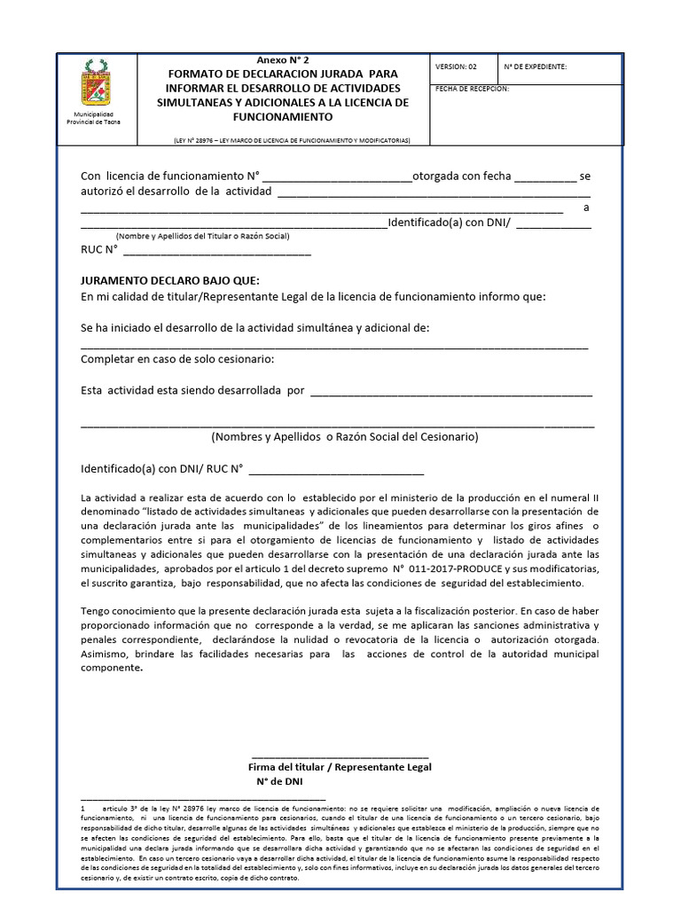 Formato Anexo 02 Declaracion Jurada para Informar El Desarrollo de Actividades Simultaneas y ...