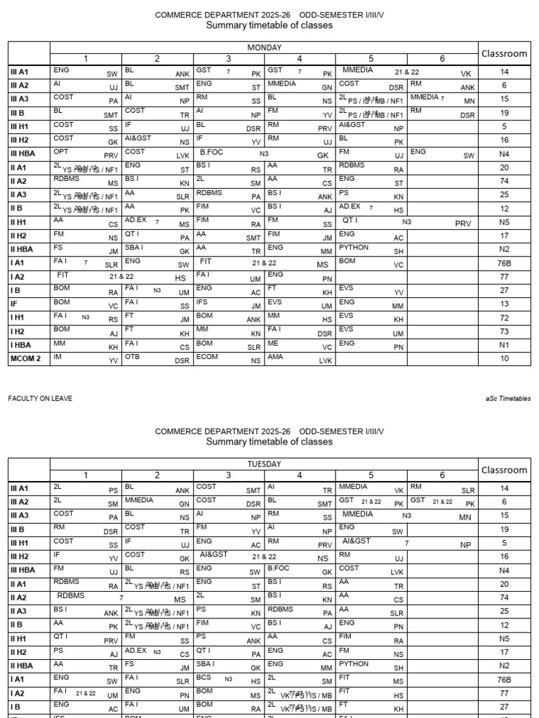 Commerce Department Timetable 2025-26 | PDF