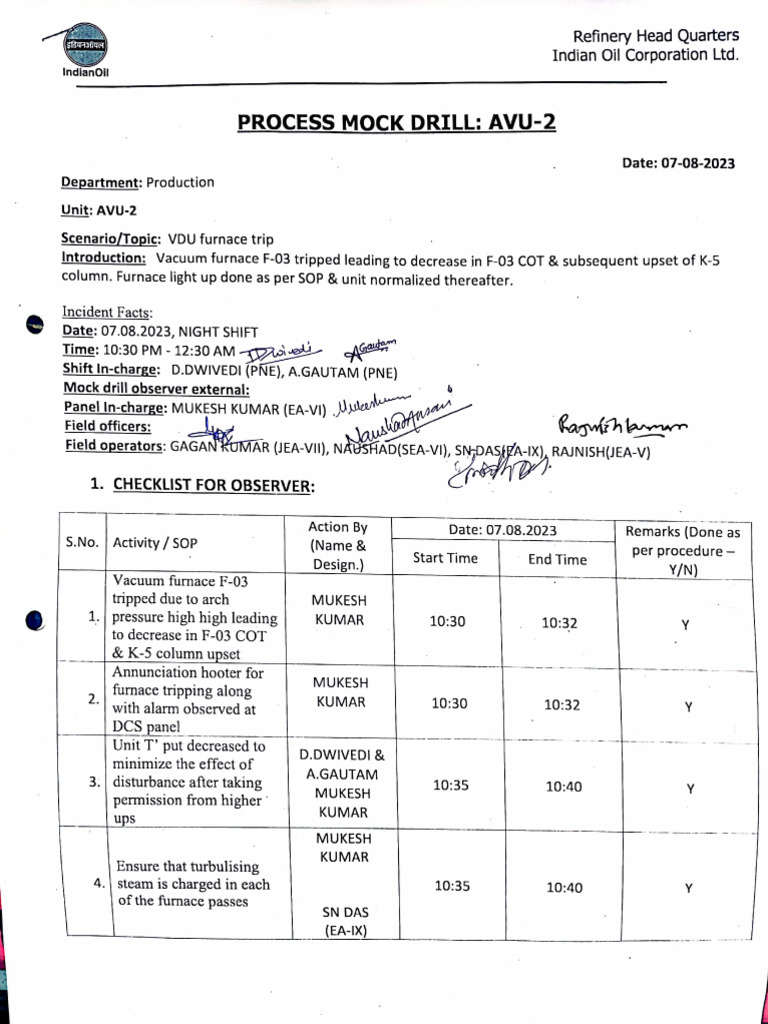 Avu-2 Night Mock Drill On Vdu Furnace Trip | PDF