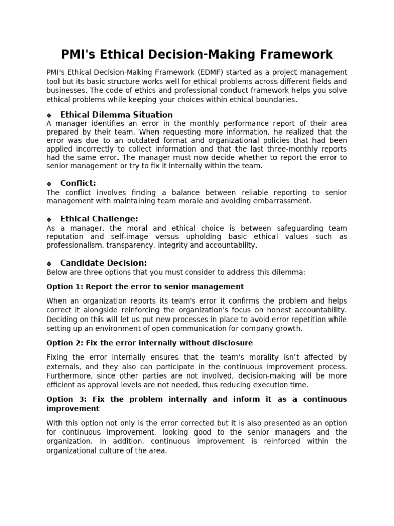 PMI's Ethical Decision-Making Framework | PDF | Decision Making | Integrity