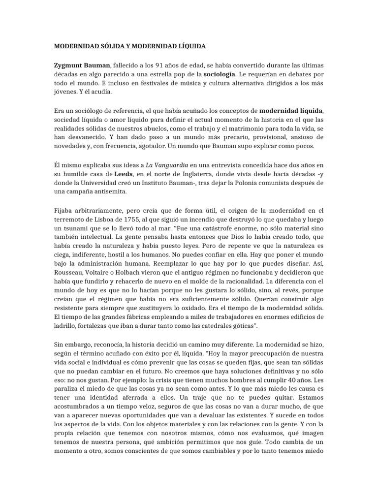 Modernidad Sólida y Modernidad Líquida | PDF | Modernidad