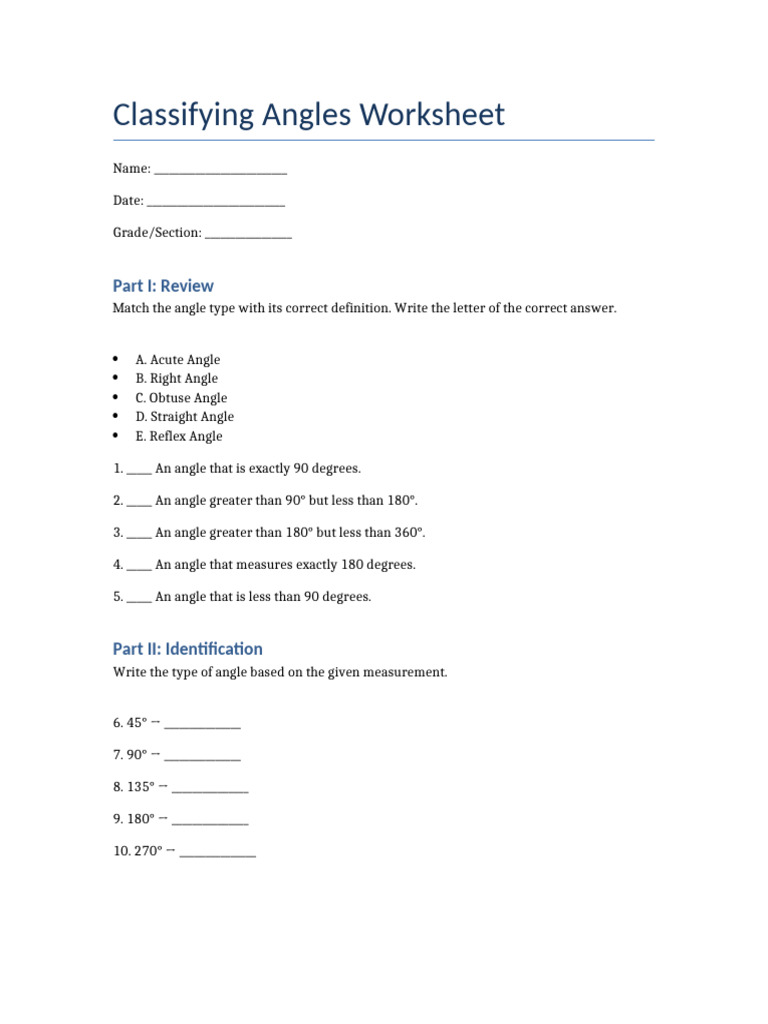 Classifying Angles Worksheet | PDF